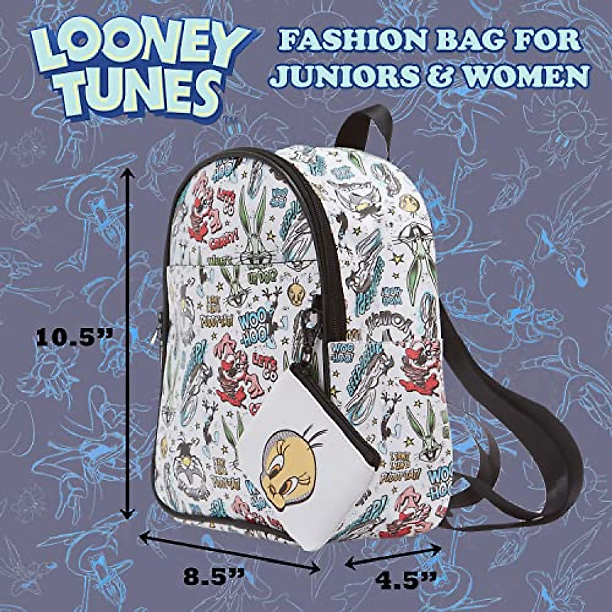 AI ACCESSORY INNOVATIONS Looney Tunes All Over Print Faux Leather 10.5" Women’s White Mini Backpack Purse 2-Piece Set