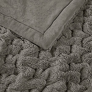 Madison Park Ruched Fur Luxury Throw Premium Soft Cozy Brushed Long Faux Fur For Bed, Couch or Sofa , 50x60" , Grey