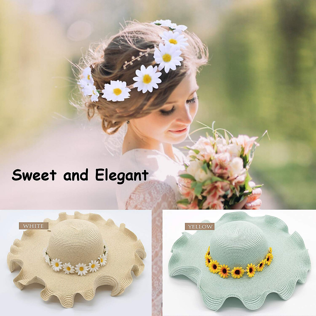 Honbay 2PCS Fashion Flower Headband Sunflower Hair Wreath Festival Hair Band Bridal Headpiece (yellow+white)