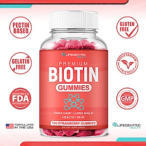 Biotin Gummies for Hair Growth | Max Strength Biotin 10000mcg Prevents Thinning and Loss | Chewable Biotin Supplement For Women Men and Kids | 100 Count Vegan Hair Gummies for Hair Skin and Nails