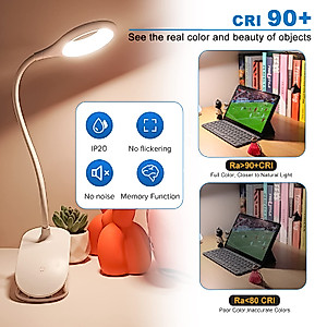 AVEVA Clip on Reading Lights, LED Desk Lamp with Flexible Gooseneck, 3 Color Temperatures, Clamp Light with Touch Control for Dorm Study Office Bedroom, USB Rechargeable, Eye-Caring, and Energy Saving