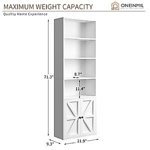 oneinmil 6-Tier Bookshelf and Bookcase, Wooden Bookshelves with Cabinet Doors, Floor Bookshelves and Office Storage Cabinets for Home Office, Living Room (White, 1 Pack)