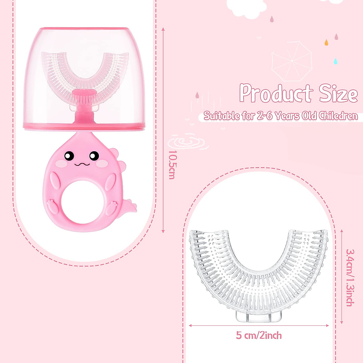 2 Pack Kids U Shaped Toothbrush Anti Choking 360 Degree Oral Cleaning Toothbrush with 2 Soft Silicone Brush Head Non Slip Handle Toddler Toothbrush with Cover Case for Children 2-6 Ages, Pink, Blue