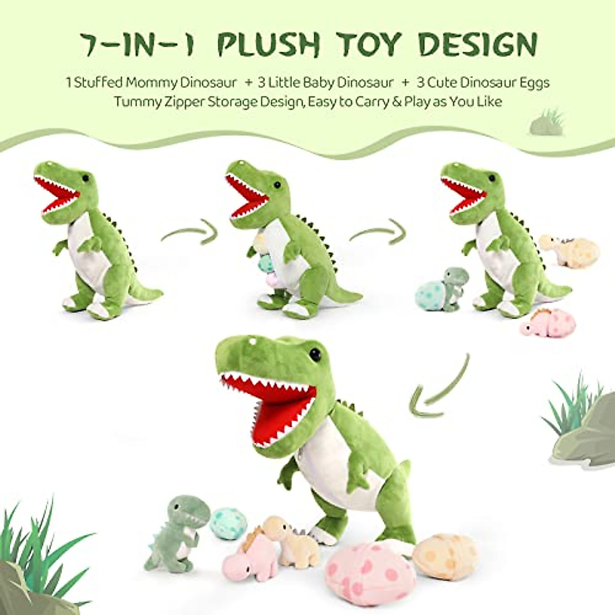 MorisMos Dinosaur Stuffed Animal with Babies,23.6'' Big T-Rex Mommy Stuffed Dinosaur with 3 Baby Dinosaur Plush Toys, 3 Dinos Eggs,Boy Girl Dinosaur Toys for Kid Birthday Christmas,Green T-rex Toys