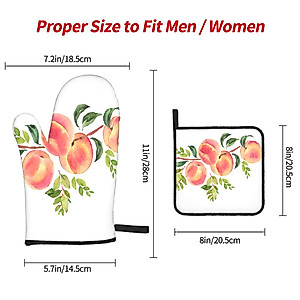 Moslion Peach Oven Mitts and Potholders Watercolor Painting Art Summer Time Fresh Fruits Green Leaves Outdoor BBQ Gloves-Oven Mitts Pot Holders Cooking Gloves for Cooking Baking Grilling