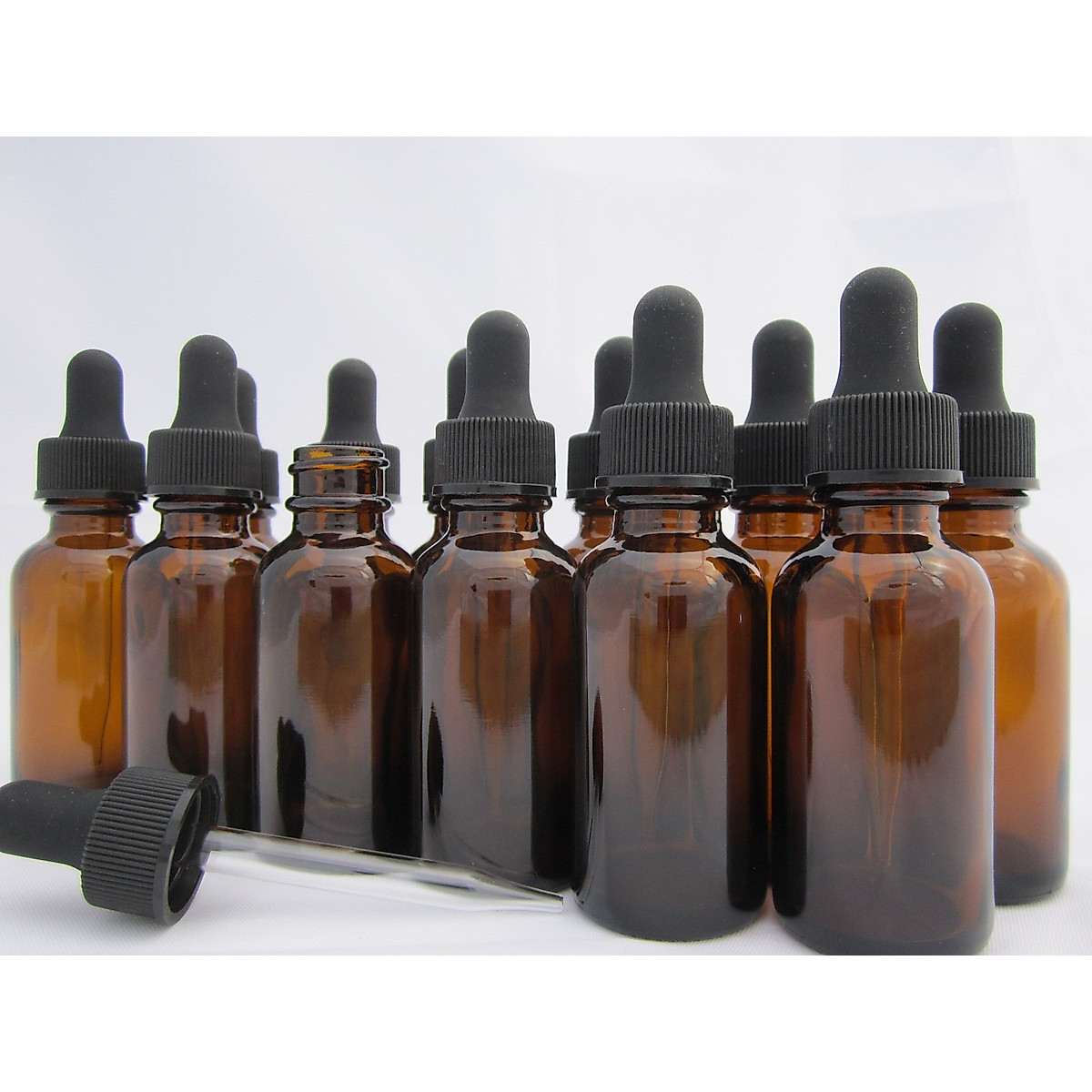 DropperStop™ 1oz Amber Glass Dropper Bottles (30mL) with Tapered Glass Droppers - Pack of 12