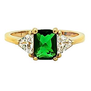 The Bling Factory Gold Plated Emerald-Cut Forest Green CZ Three-Stone Ring, Size 7