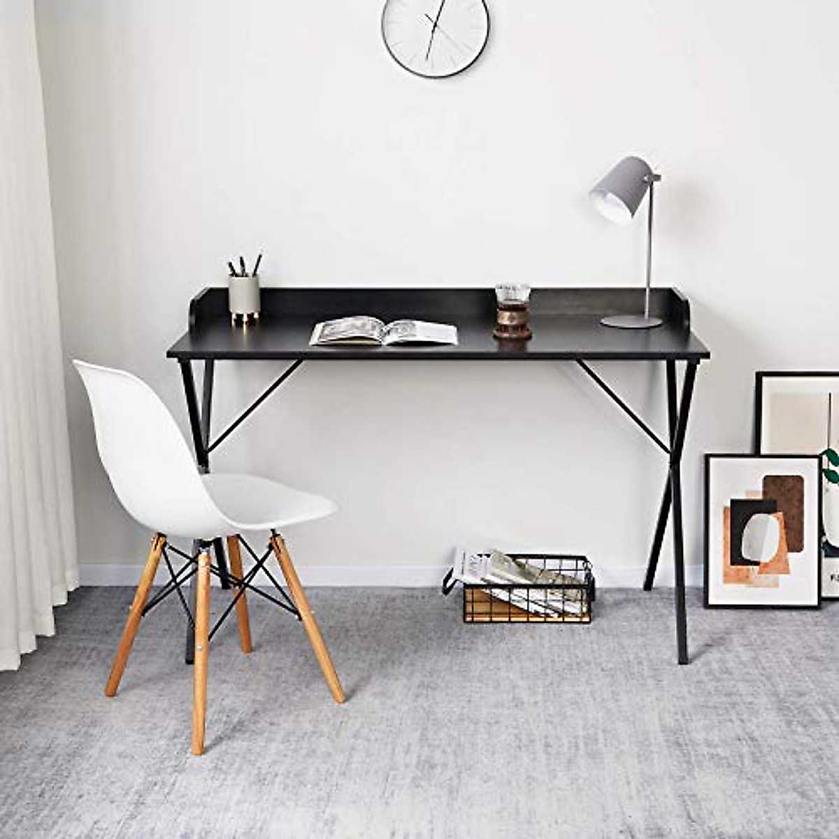 Alecono Black Desk 47'' Writing Computer Desk for Home Office Small Spaces Modern Study Sturdy PC Gaming Table, Black Wood