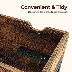 Rolanstar End Table with Charging Station, Narrow Nightstand, Flip Top Side Table with USB Ports and Storage Shelves for Small Spaces, Living Room, Bedroom (Rustic Brown)