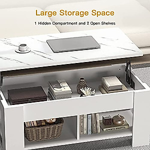 NOBLEWELL Lift Top Coffee Table with Storage Compartment and Separated Open Shelves, Pop Up Coffee Table for Living Room, 39.4in L, White Marble