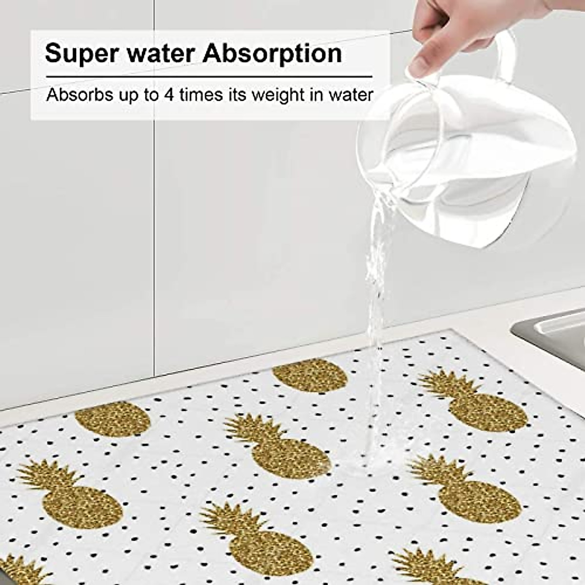 Gold Glitter Pineapples Fruit Printed Drying Mat For Kitchen Ultra Absorbent Microfiber Dishes Drainer Mats Non-Slip Silicone Quick Dry Pad - 18 X 16inch