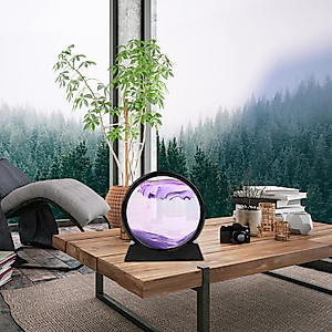 Moving Sand Art Flowing Sand Painting 3D Natural Landscape Dynamic Sand Painting,Round Glass Sea Sand Painting Artistic Sandscape for Home Ornament Desktop Art Bookshelves Decoration(Purple,7 Inches)
