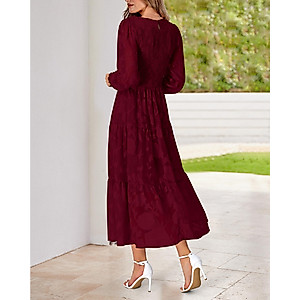 BTFBM Casual Women's 2025 Fall Dresses Elegant Wedding Guest Dress Long Sleeve Floral Midi Dress Flowy Bohemian Long Dress(Wine Red,Large)