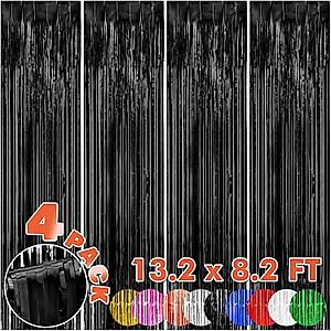 4-Pack Backdrop for Party Decorations, Foil Fringe Backdrop Curtains, Tinsel Streamers for Birthday Party Decorations, Black Tinsel Curtains for Halloween Bachelorette Prom Disco Hollywood Theme Party