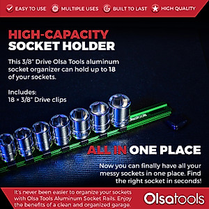 Olsa Tools Socket Organizer (1/4-Inch Drive, Green) - Socket Storage Rails for Mechanics - Socket Holder and Socket Rail - Holds 24 Chrome or Impact Sockets - Professional-Grade - Part: 1103