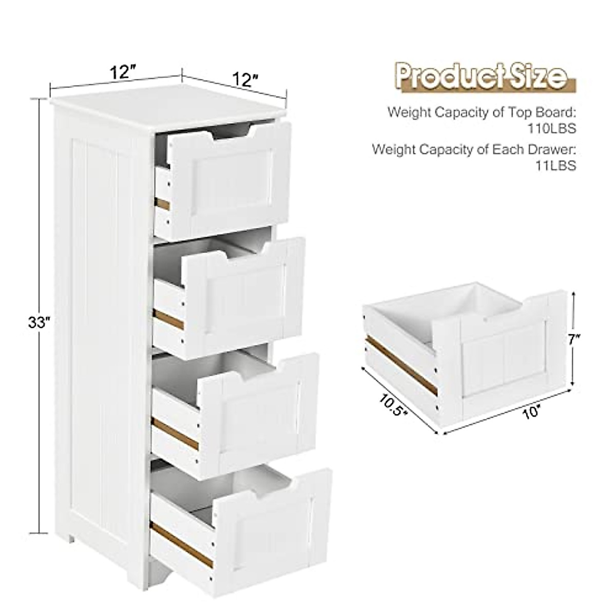 MAXCBD Nightstand Bedside Table Drawer Cabinet Bathroom Floor Cabinet Free-Standing Side Storage Organizer with 4 Drawers White Bathroom Cabinet Storage Tower Dresser