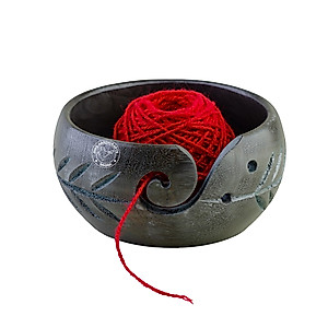 Hind Handicrafts Premium Solid Dark Handmade Crafted Wooden Portable Antique Yarn Storage Bowl - Holder for Knitting Crochet Hook Accessories (6" x 6" x 3", Slate Gray)