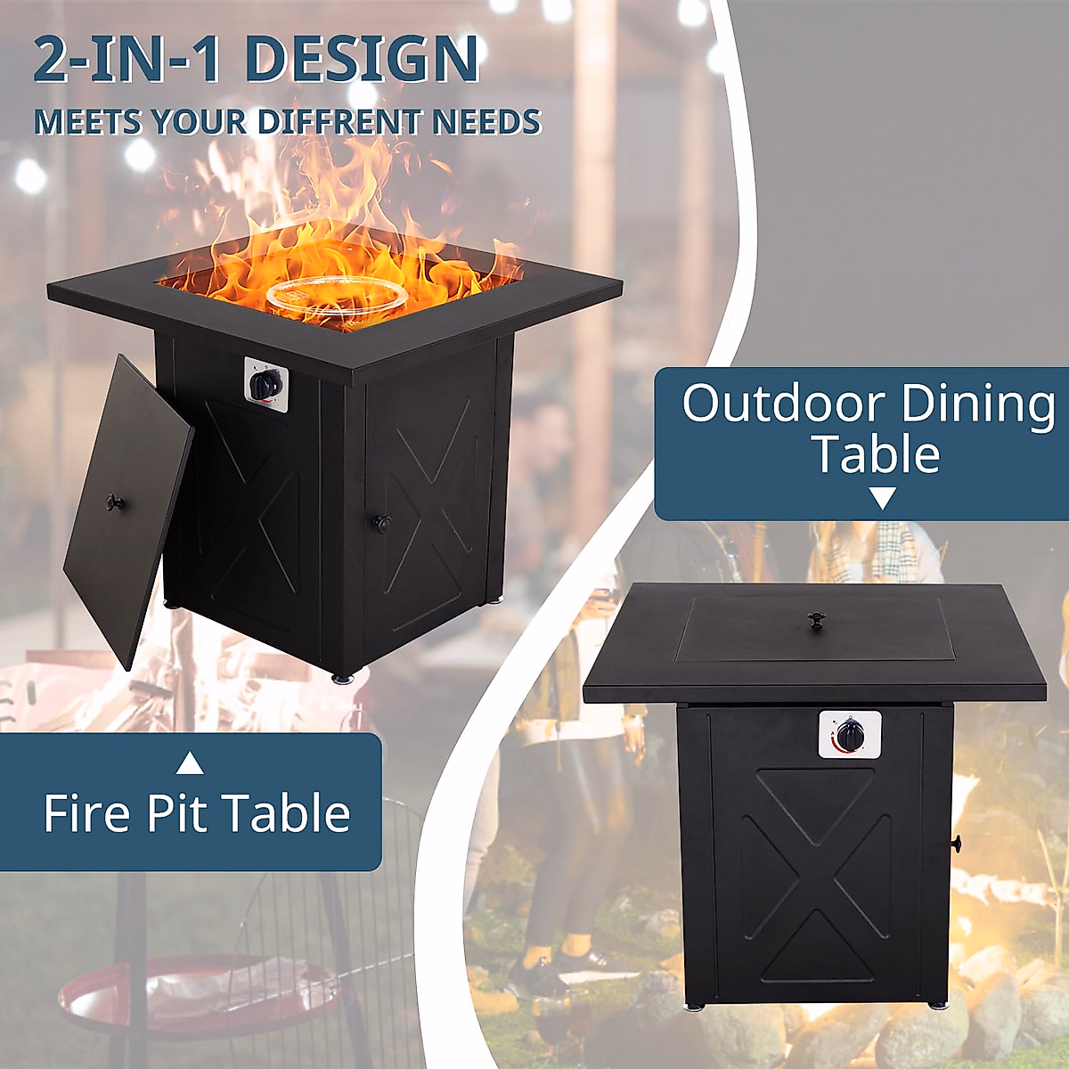 Fire Pit Table, Propane Firepit Outdoor Gas Fire Pits Clearance, 50,000 BTU with Metal Tabletop, Lid, Lava Rocks for Outside Patio, Garden, Deck, Yard