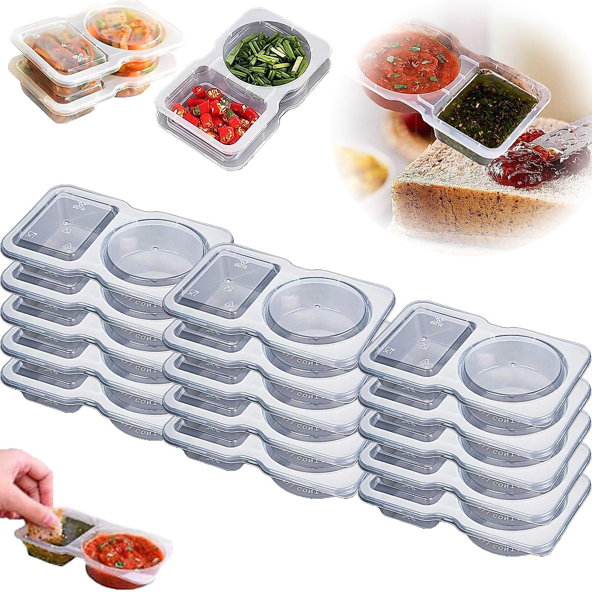 YLBUH Double Compartment Condiment Container, Double Condiment Containers, Double Condiment Containers with Lids, 2 Compartment Snack Containers,for to-go Sauce, Sampling, Travel Snack (15Pcs)