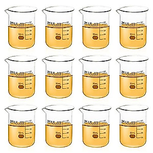 ULAB Scientific Glass Beakers Shot Glass, Vol. 50ml, 3.3 Borosilicate Griffin Low Form with Printed Graduation, Pack of 12, UBG1013