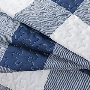 Soul & Lane Checks and Stripes Quilts Set - King Size with 2 Shams, Blue and White Buffalo Plaid Quilted Bedspread, Lightweight Navy Checkered Gingham Bedding, Cozy Lodge-Style Check Design