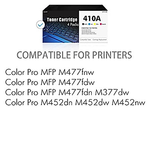 410A Toner Cartridge 4 Pack: Compatible Replacment for HP 410A 410X CF410X CF410A CF411A CF412A CF413A for Color Pro MFP M477FNW M477FDN M477FDW M452DN M452DW M452NW Printer(Black Cyan Yellow Magenta)