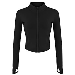 Gacaky Women's Athletic Jacket Lightweight Full Zip Up Yoga Jacket Cropped Workout Slim Fit Tops with Thumb Holes Black S