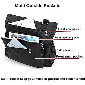 Lavogel Multi Pocket Nylon Shoulder Bag Large Crossbody Bag Travel Purse Bags For Women(Y-Black)