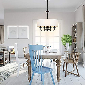 T&A Traditional 5-Light Chandelier with White Linen Drum Shade,20" Simple Chain Pendant Light Lights for Foyer Dining Room Living Room