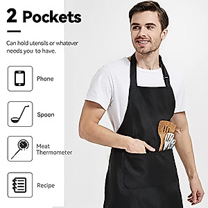 NLUS Black Cooking Apron with 2 Pockets, Plus Size Bib Apron Water Oil Stain Resistant Kitchen Chef Bib Aprons for Cooking BBQ Baking Serving (2 PACK)