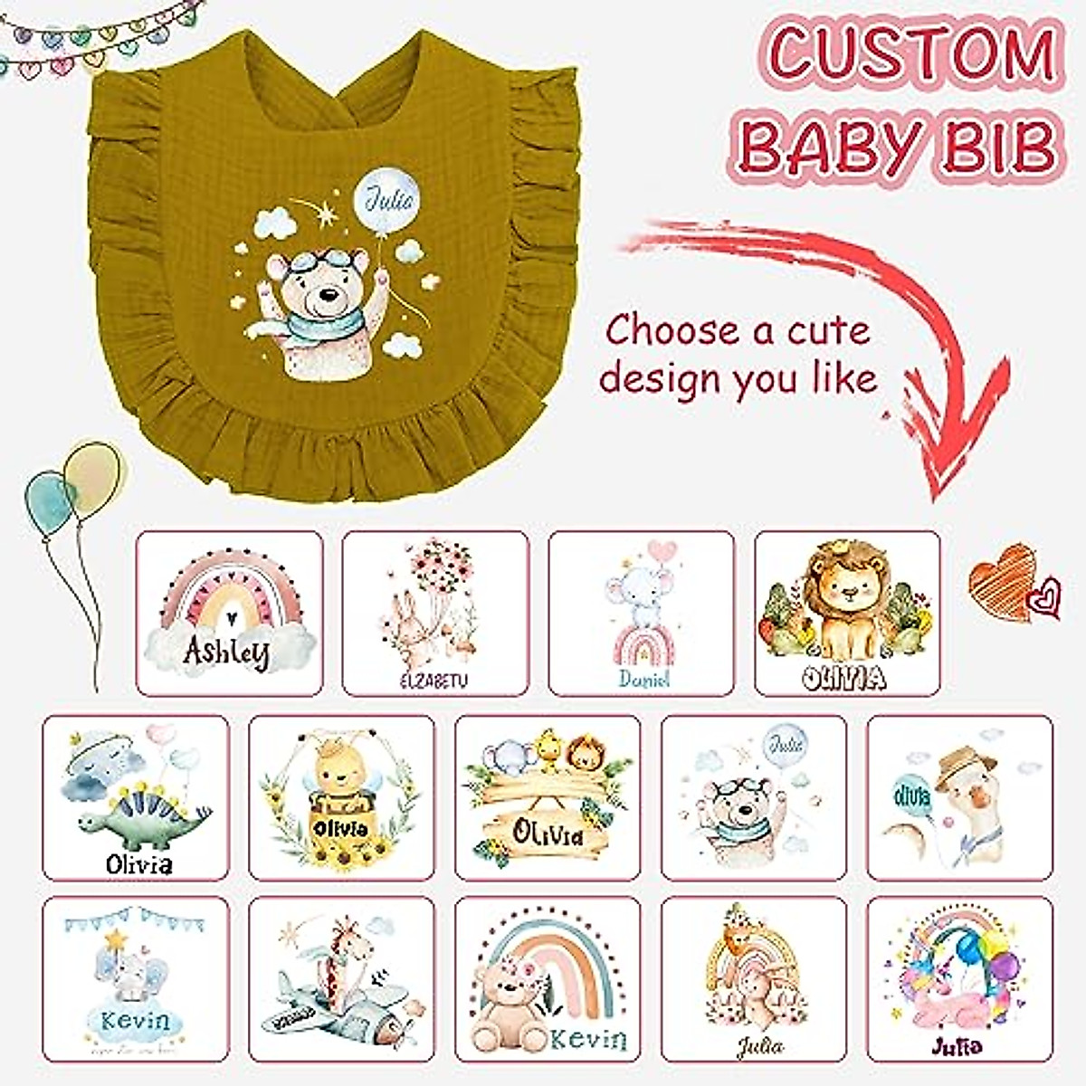 SWIMFUN Personalized Muslin Bib for Baby Girl & Boy, 1 Pack Baby Bandana Drool Bib with Custom Name, Cotton Baby Bib for Drooling and Teething