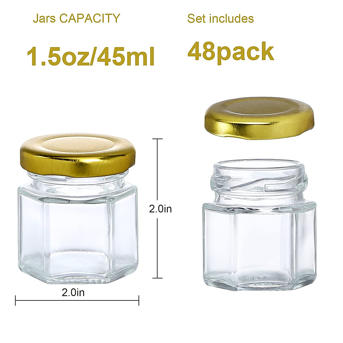 Mcupper 48 Pack 1.5oz Hexagon Glass Jars with Gold Lids, Mini Honey Jars, Small Spice Jars, Jam Jars for Gifts and Wedding Favors