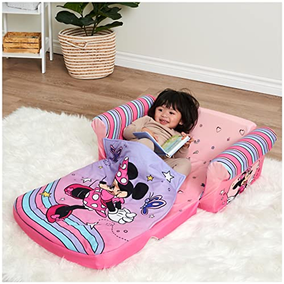 Marshmallow Furniture, Minnie Mouse 3-in-1 Slumber Sofa, Foam Toddler Nap Mat with Attached Blanket