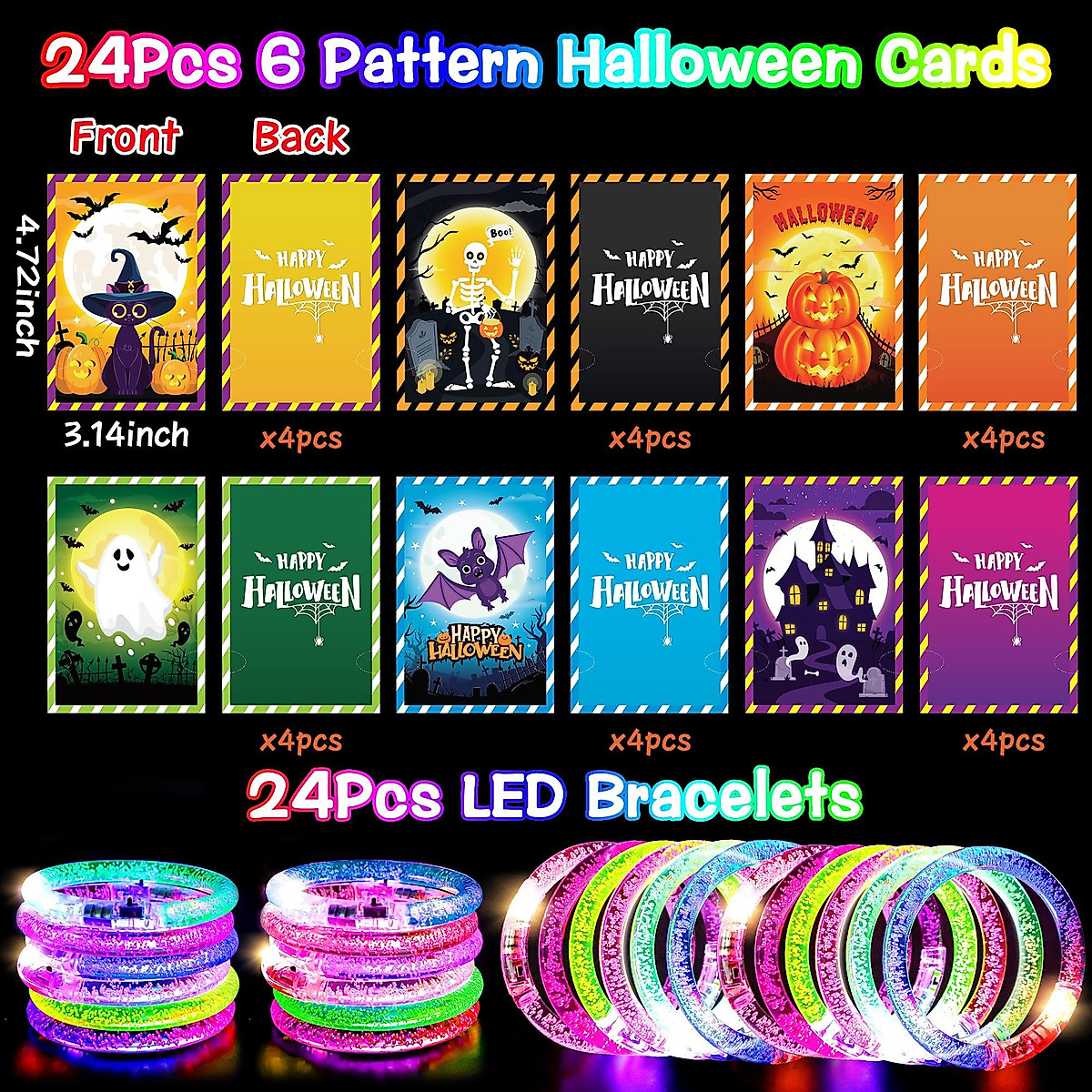 24 Pack Halloween Party Favors Bracelets Glow in the Dark Bracelets, Halloween Treats Party Favors Light Up Bracelet Halloween Glow Sticks Bracelet for Non Candy Treats Halloween Party Supplies