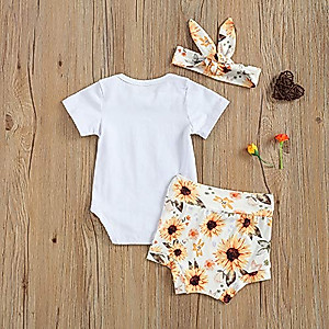 Newborn Infant Baby Girl Daddys Little Girl Short Sleeve Romper Tops Sunflower Shorts Pants Headband Summer Outfits (White-Sunflower, 0-3 Months)
