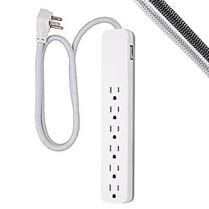 GE UltraPro 6-Outlet Surge Protector, 3 Ft Designer Braided Extension Cord, 560 Joules, Flat Plug, Wall Mount, UL Listed, White, 41352
