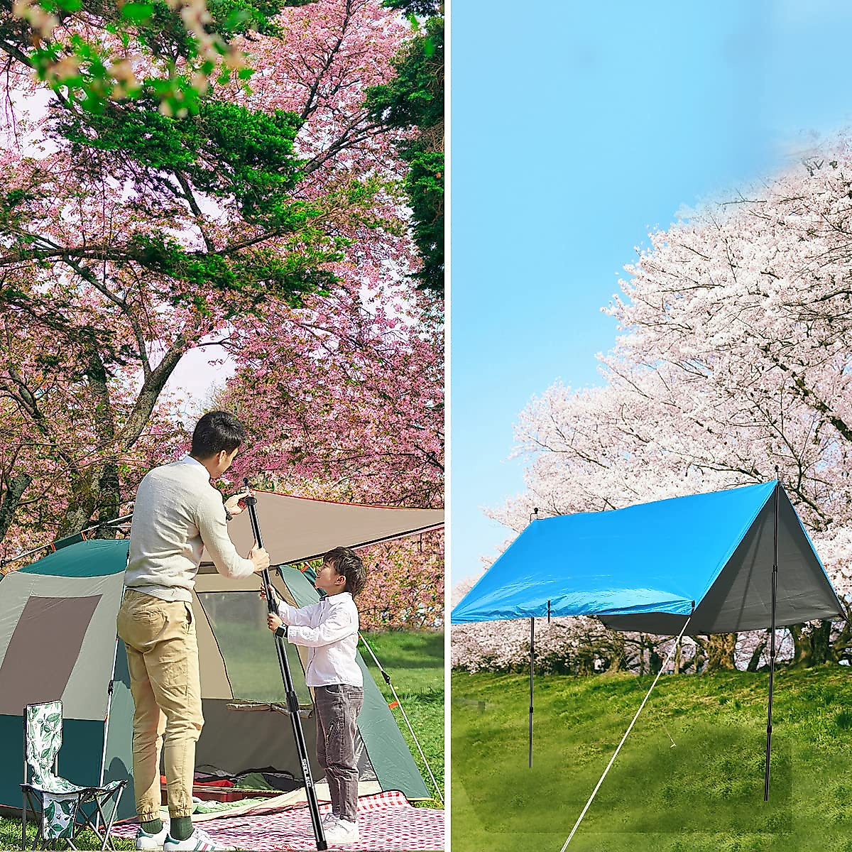 Tent Poles for Tarp, 8.2' Fiberglass Tarp Poles Set of 2 with Tent Kit, Tent Poles & Stakes Set, Telescoping Pole, Canopy Poles, Camping Poles for Rooftop Tents, Tent for Rain Fly, Camper, Awning