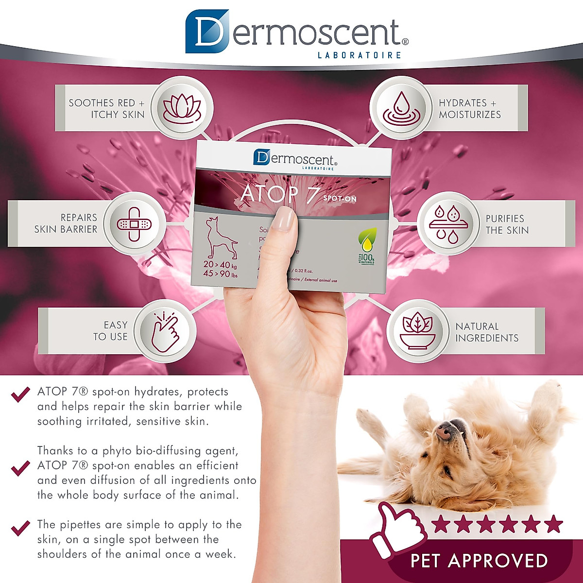 Dermoscent ATOP 7 spot-on - Large Dogs 45-90 lbs - Soothing Care for Sensitive, Dry and Itchy Skin or Allergy Prone Skin - Natural Ingredients - 4 pipettes