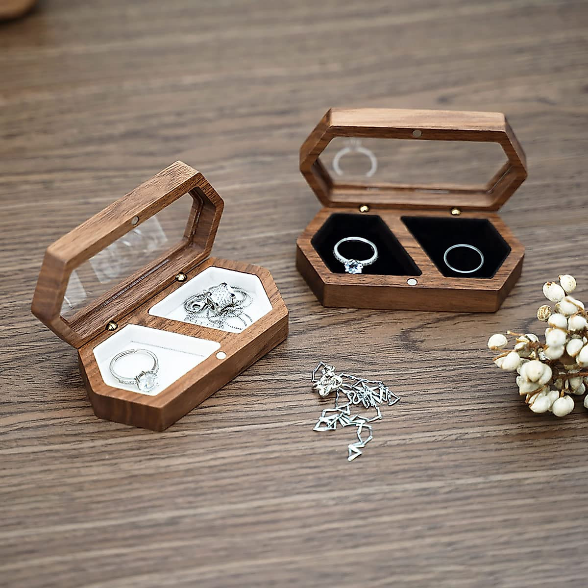 Engagement Ring Box Wooden Ring Box Proposal Ring Box with Clear Top Ring Bearer Box for Wedding Wooden Ring Holder for Proposal (RB517)