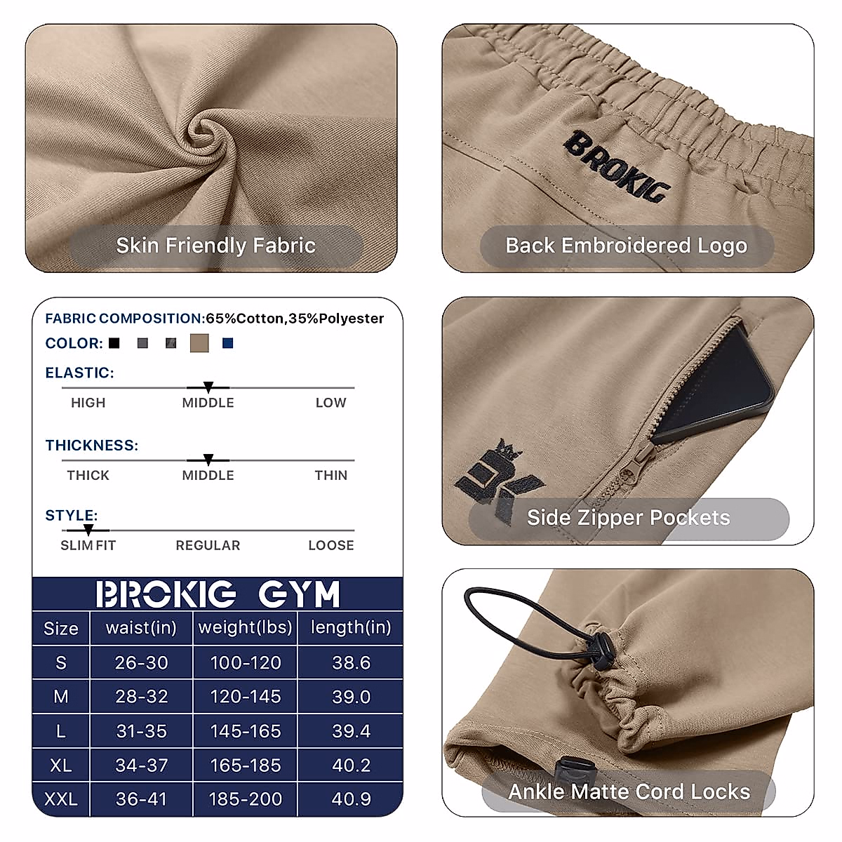 BROKIG Mens Workout Joggers Ankle Cords Gym Running Pants Athletic Sweatpants for Men with Zipper Pockets(X-Large, Beige)