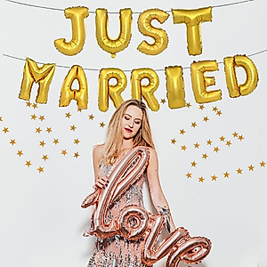 AnnoDeel 16inch JUST MARRIED Letter Banner Foil Balloons, Gold Alphabet Mylar Balloons for Wedding Bachelorette Weddings Bridal Shower Party