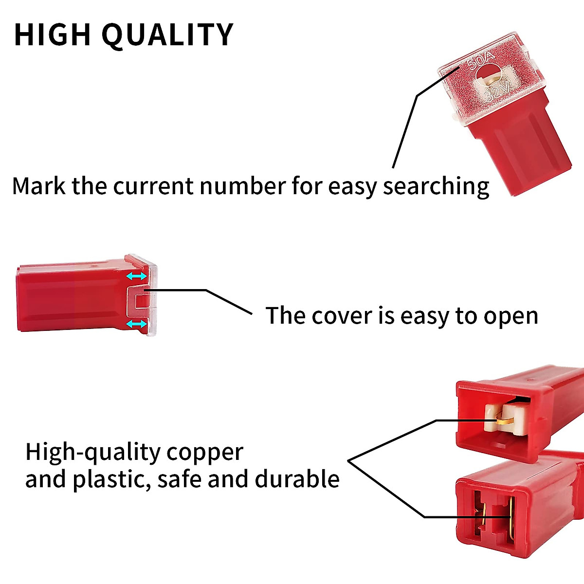 MuHize Shaped Assorted Fuses - Upgraded Tall/Standard Profile Automotive Box Shaped Fuse Kit, Fuse Female Assortment 20A 30A 40A 50A 60A (Each 6) for Ford Chevy, Cars and SUVs
