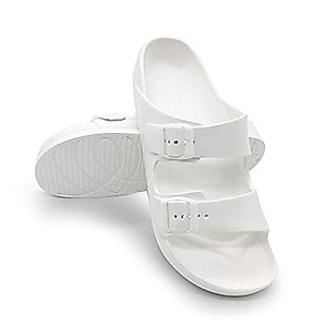 FUNKYMONKEY Women's Comfort Slides Double Buckle Adjustable EVA Flat Sandals (9 M US-Women, White)
