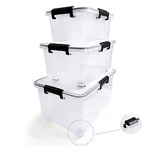 LQDSJTU Plastic Storage Bins Tote Organizing Container with Durable Lid and Seal and Secure Latching Buckles and Wheels，Clear,3 Pack（Three sizes：L-32qt M-19qt S-12qt）
