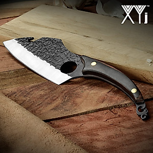 XYJ 6.5 Inch Butcher Boning Knife With Bottle Opener - Professional Kitchen And Outdoor Meat Cutting Knife Full Tang Stainless Steel Finger Hole Blade With Rosefinch Design Wood Handle Gift Box