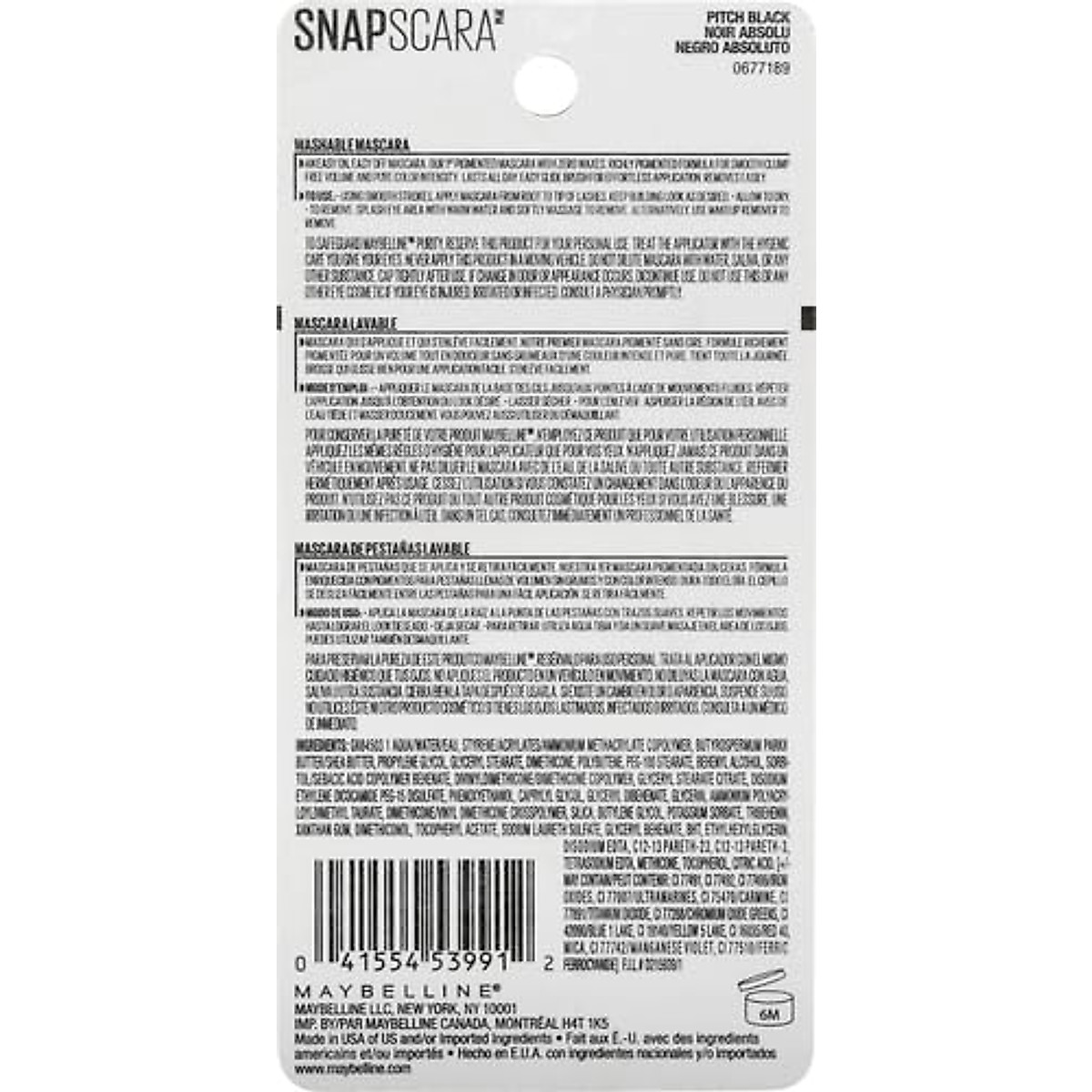 Maybelline New York Snapscara Washable Mascara, 300 WASHABLE PITCH BLACK