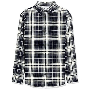 Amazon Essentials Women's Classic-Fit Long-Sleeve Lightweight Plaid Flannel Shirt, Black White Large Plaid, Large