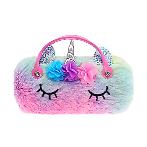 Kids Girls Boys Fluffy Faux Fur Unicorn Eyeglass Case Plush Eyewear Glasses Case Hard Shell with Handle