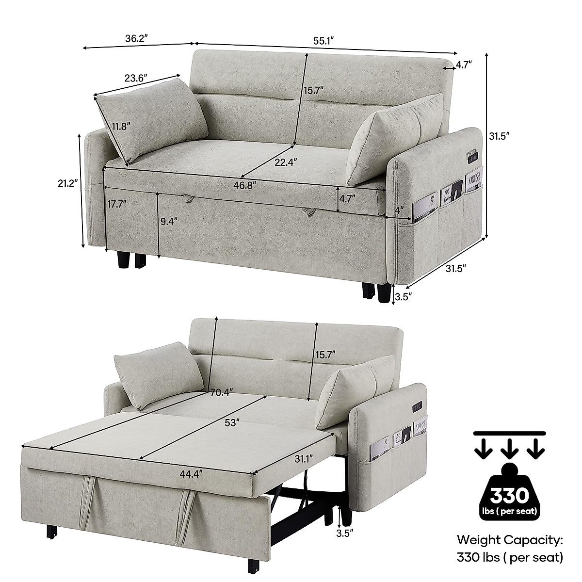 kejector Pull Out Sofa Bed Convertible Chair Bed Modern U Shaped Loveseat Sleeper Recliner Sofa Couch with Storage Pockets, Adjsutable Backrest, 2 Pillows, USB Ports for Living Room, Apartment, Office