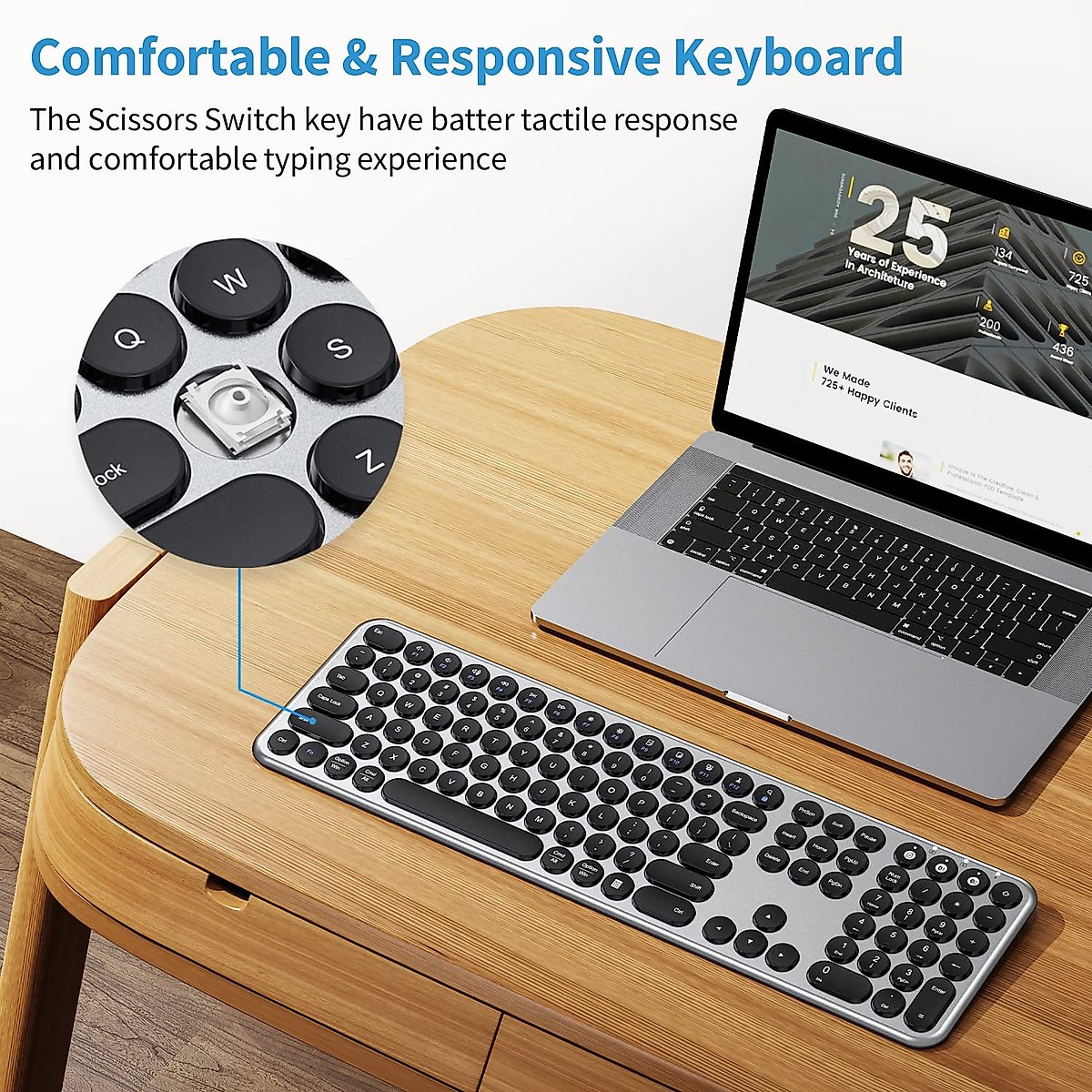 ZYTUA Multi-Device Bluetooth Keyboard, Dual Mode (Bluetooth & 2.4GHz) Full Size Rechargeable Wireless Keyboard with Round Keys, Support 3 Devices for Windows/iOS/Mac OS/Android